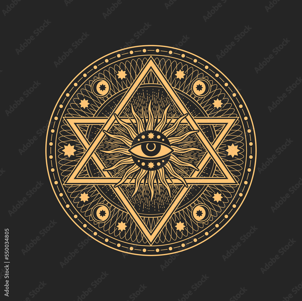 Pentagram with magic eye, satanic star in sun rays circle. Vector sun ...