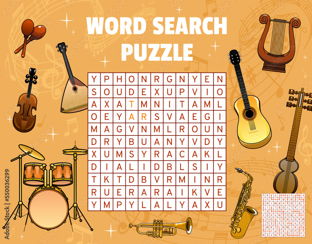 Musical instruments and sound waves with notes on word search puzzle ...