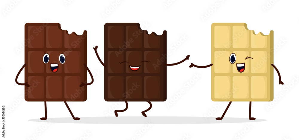 Happy chocolate bar cartoon characters vector illustrations set. Comic ...