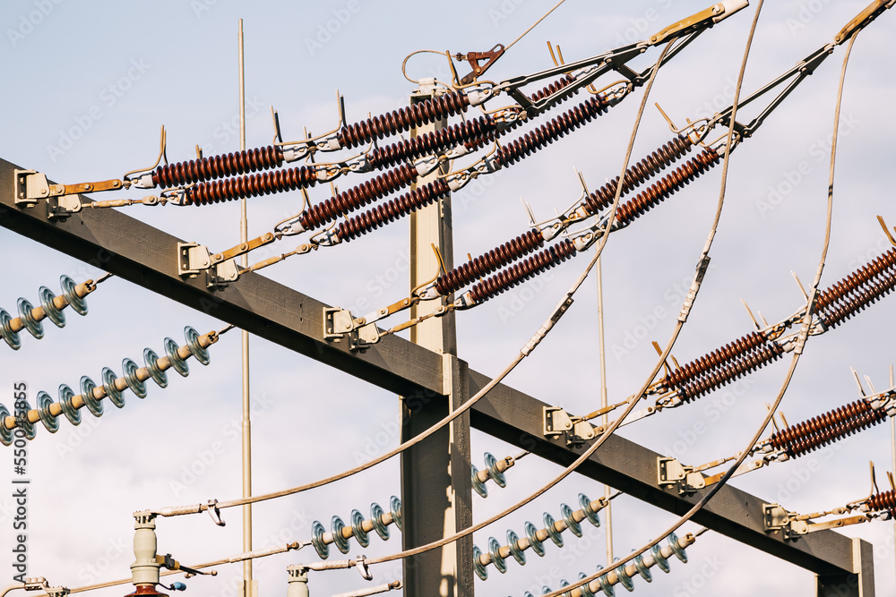electrical substation with various voltage converters and transformers for energy transmission ...