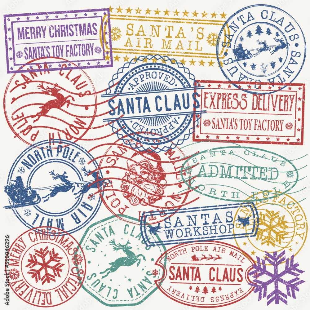 Santa Claus Stamp Set. North Pole Workshop Elf Design Vector Art Round ...