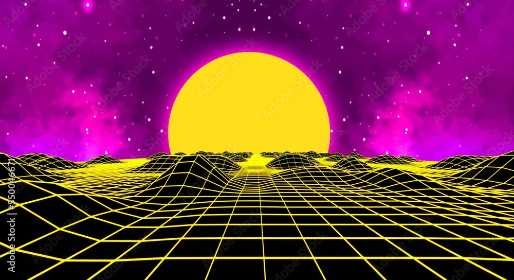 Retro wave, synthwave digital city landscape. Sunset view from over the ...