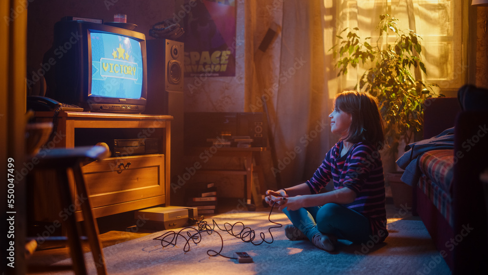 Nostalgic Retro Concept: Young Girl Playing Old-School Eighties Arcade ...