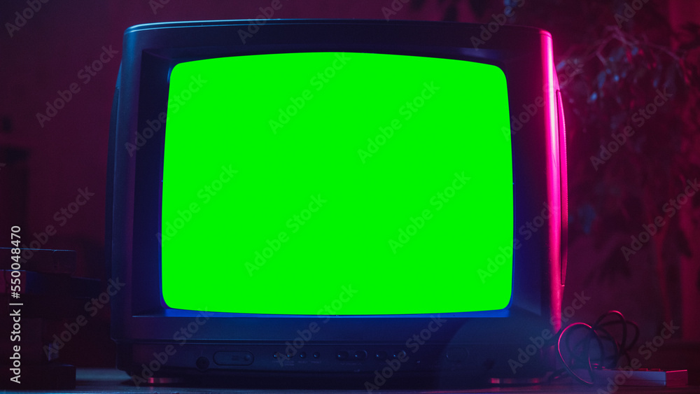 Close Up Footage of a Dated TV Set with Green Screen Mock Up Chroma Key ...