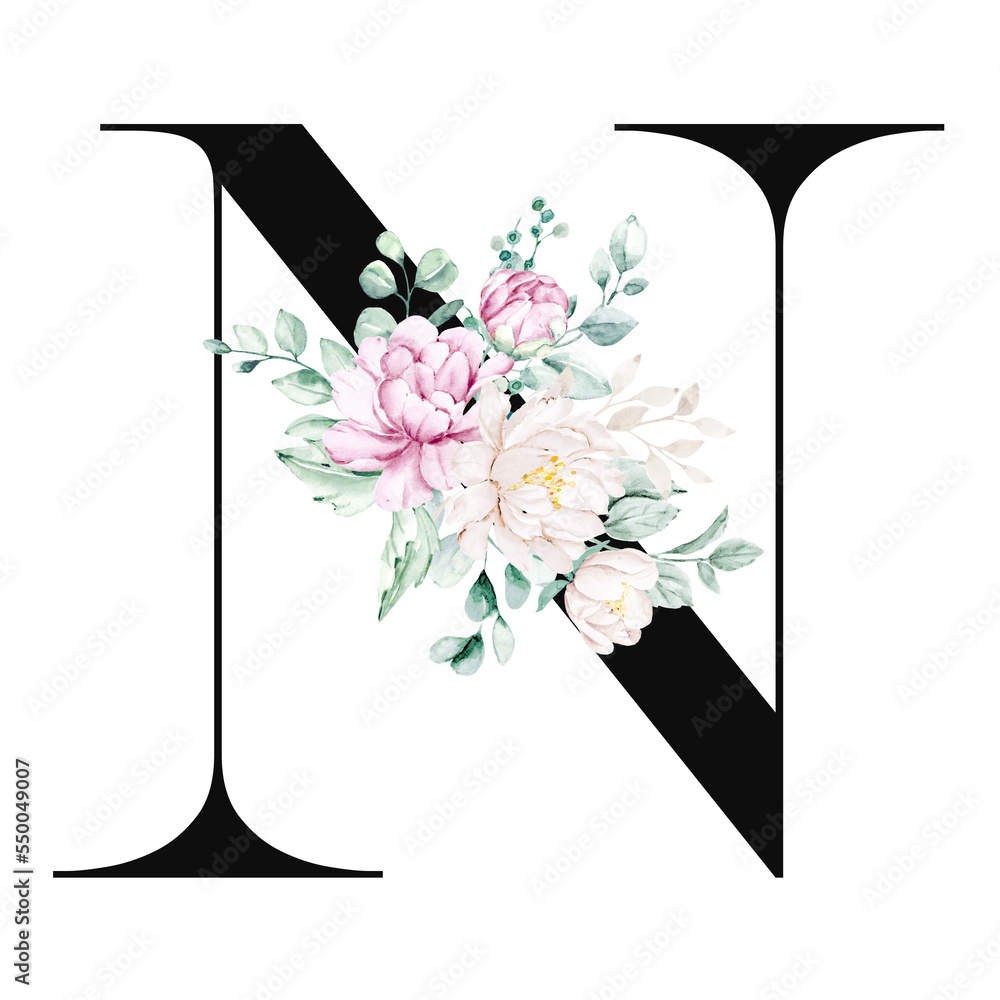 Floral alphabet, letter N with watercolor flowers and leaf. Monogram ...