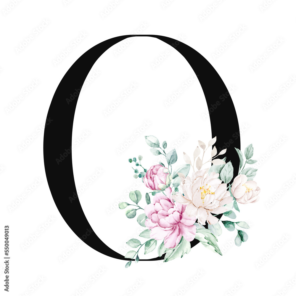 Floral alphabet, letter O with watercolor flowers and leaf. Monogram ...