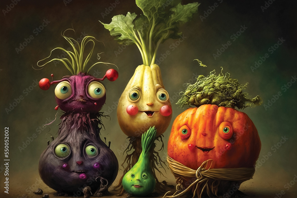 Digital surreal painting of cute vegetables with big eyes Stock ...