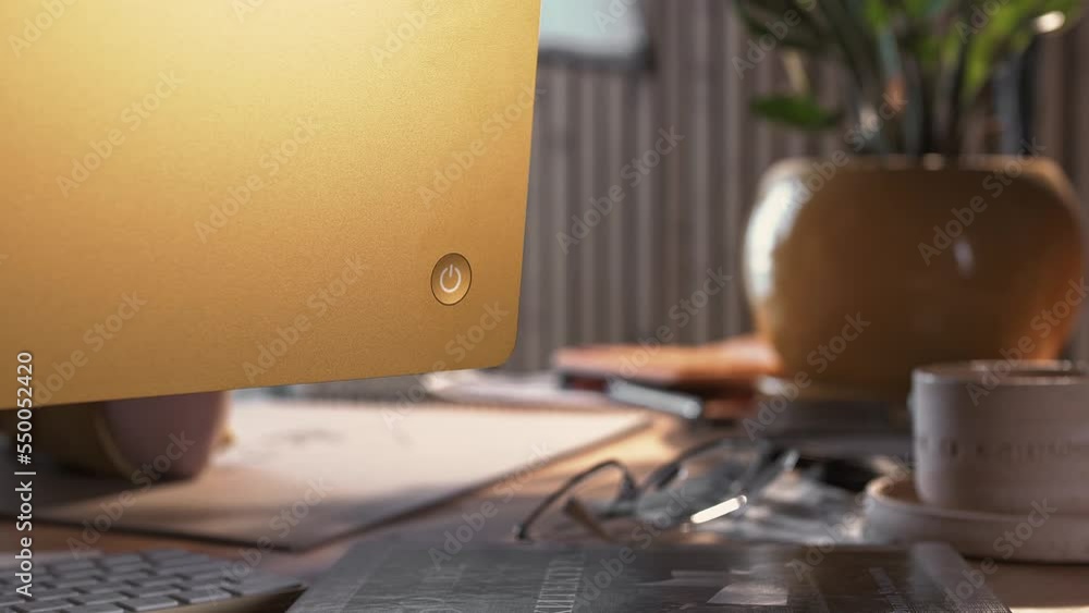 Girl in the office presses the power button on the monitor of a gold ...