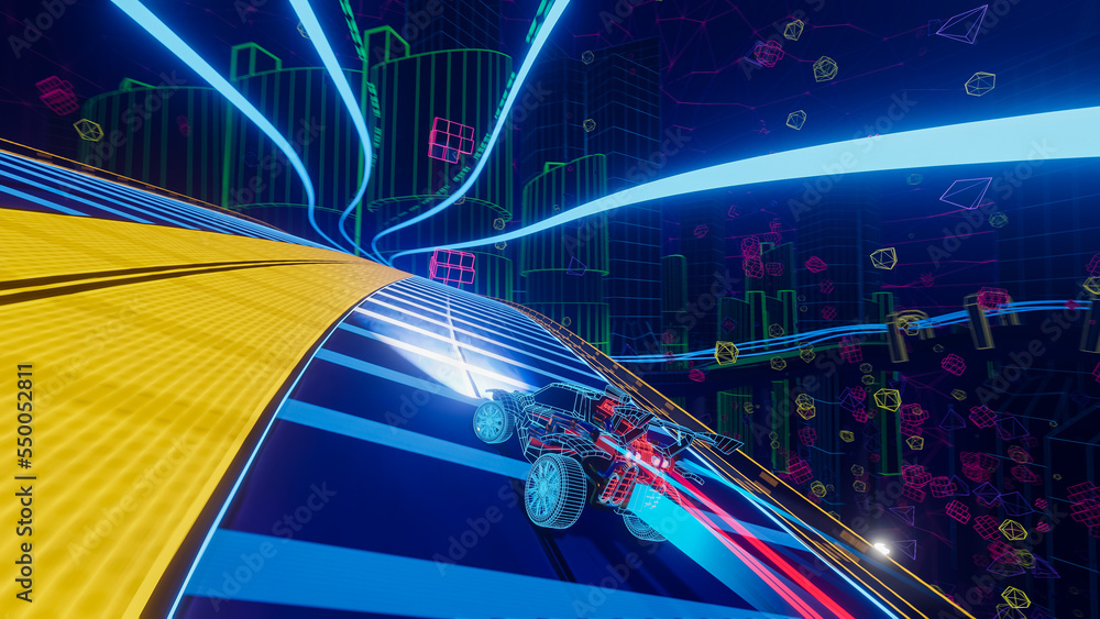 Gameplay of an Off-Road Racing Video Game in 3D Render of Polygon Space ...