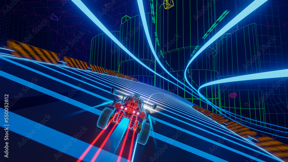 Gameplay of an Off-Road Racing Video Game in 3D Render of Polygon Space ...