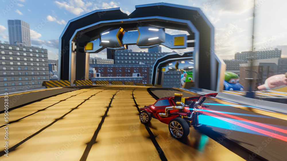 Off-Road Racing Arcade Video Game Level in Chaotic City. Computer ...