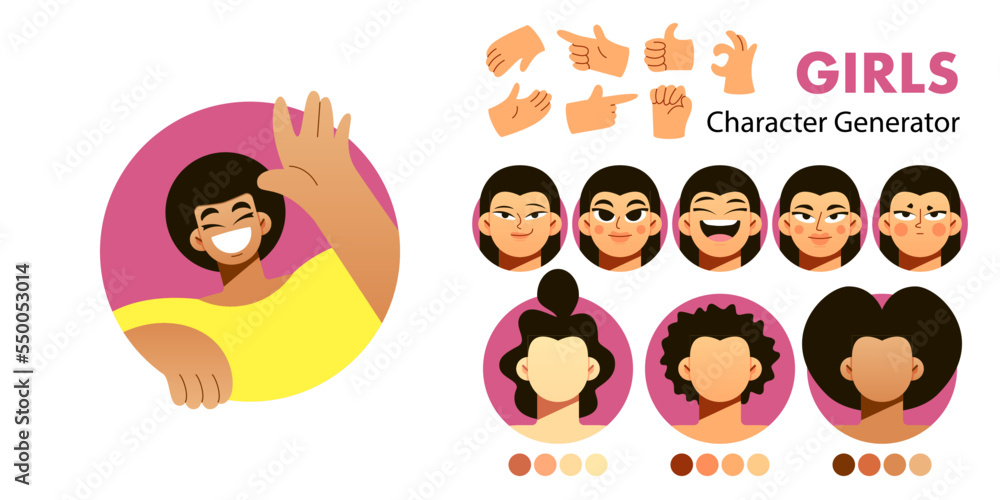 Character generator, flat people design, female pack, emotional faces ...