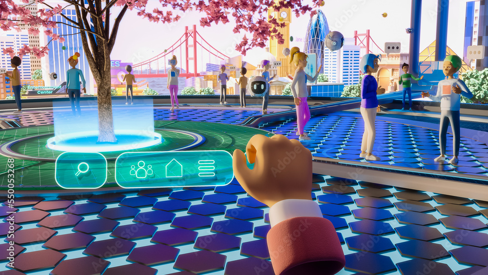 3D Render of Beautiful Digital Metaverse. Virtual Reality World With ...