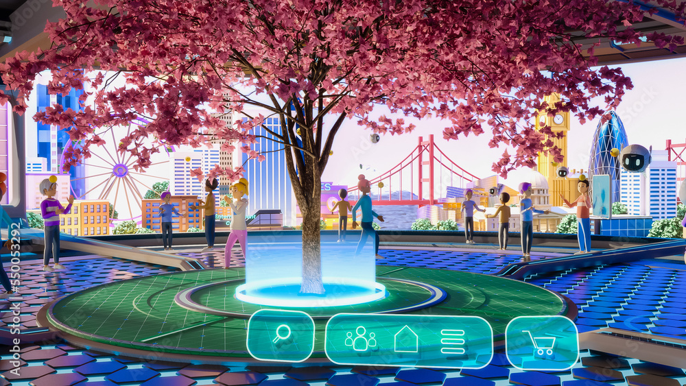 3D Render of Beautiful Digital Metaverse. Virtual Reality World With ...