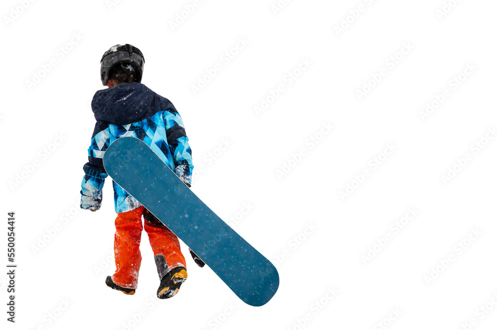 Person with snowboard on the snow. One Asian child is walking with ...