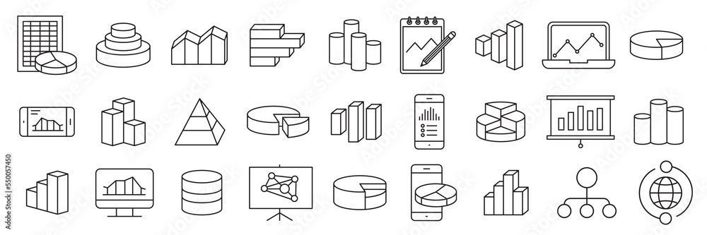 Analysis, Statistics line icons. Chart, Report and Service signs. Data ...