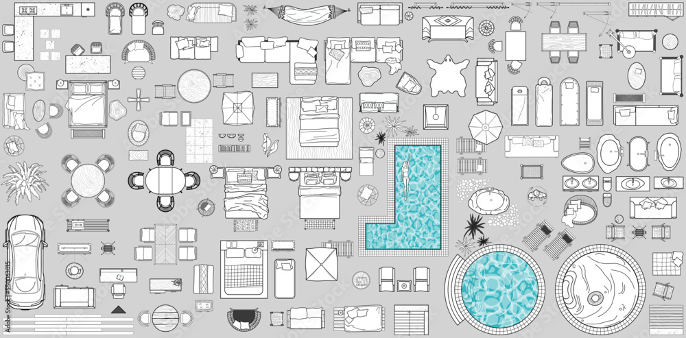 Floor plan icons set for design interior and architectural project ...