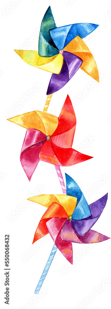 Colorful watercolor pinwheel s border, birthday party invitations ...