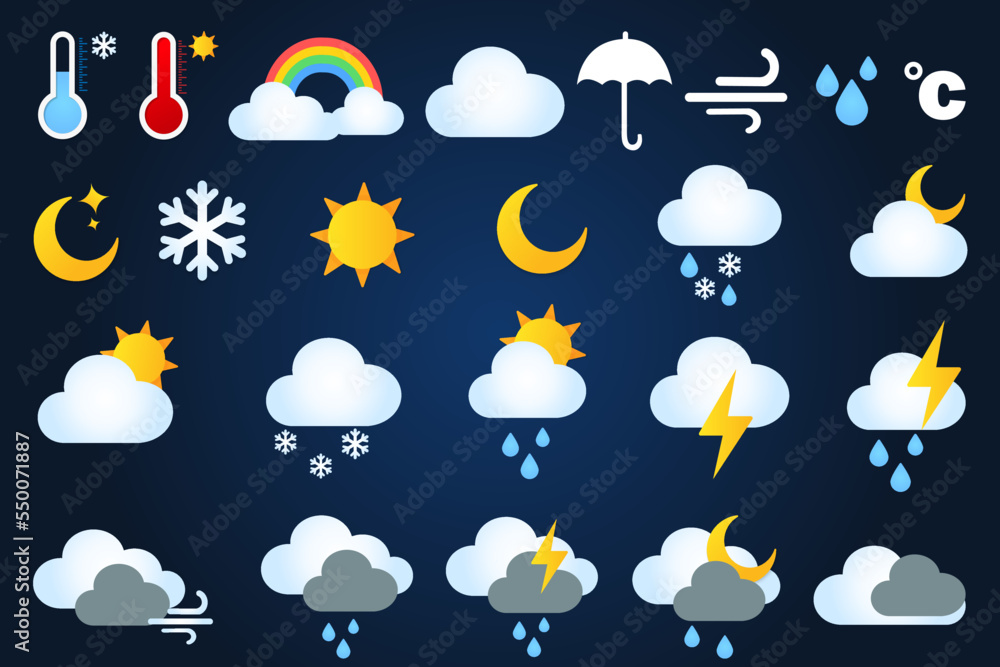 Vector cartoon set of weather forecast icons. The concept of weather ...