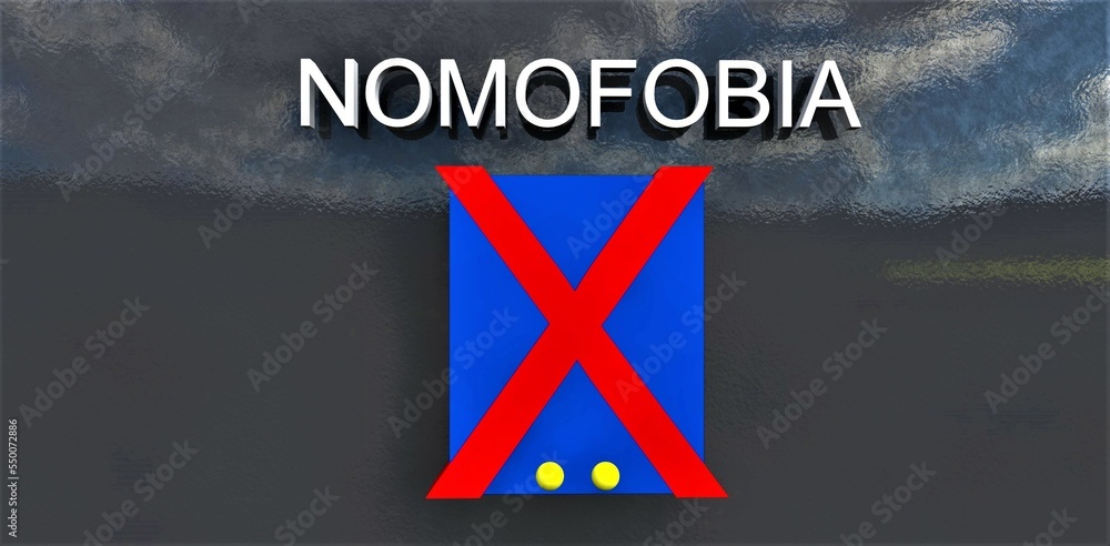 Word Nomofobia written in whiite on the steel background. Screen of the ...