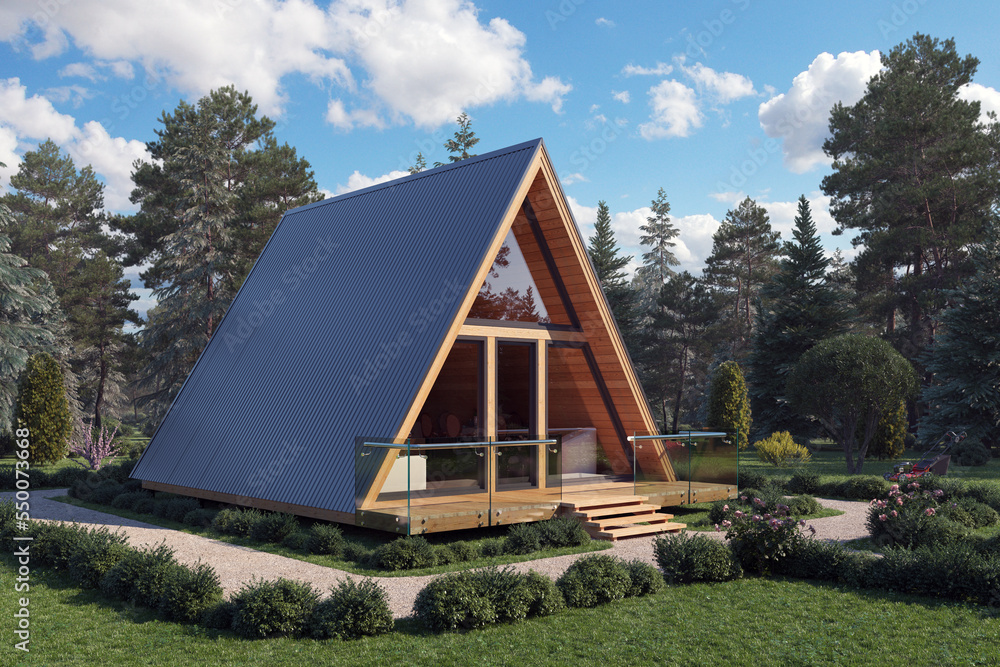 3d rendering of A-frame House. Modern new frame country house standing ...