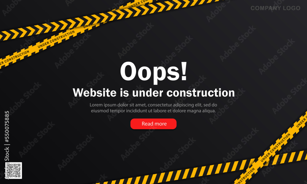 Template of dark landing page with striped yellow-black tapes, qr code and red button. Black ...