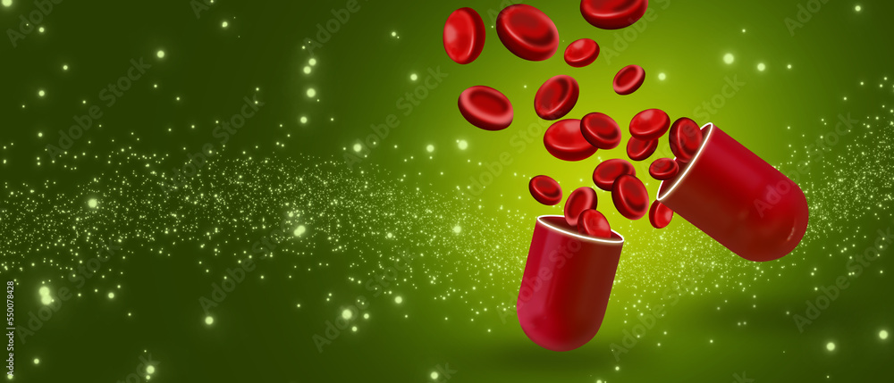 Red blood cells on a green background with magic dust fly out of a red ...