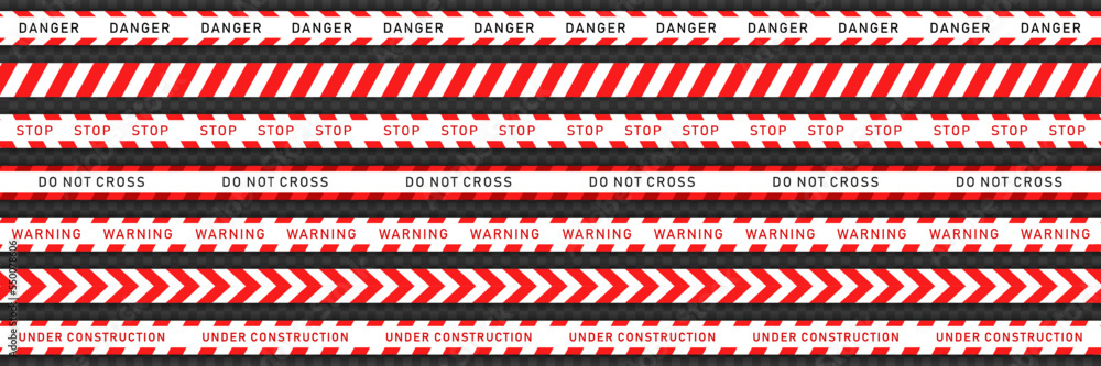 Big collection of 7 red tapes with white stripes for construction works ...