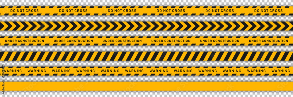 Collection of 5 yellow tapes with black stripes for construction works ...