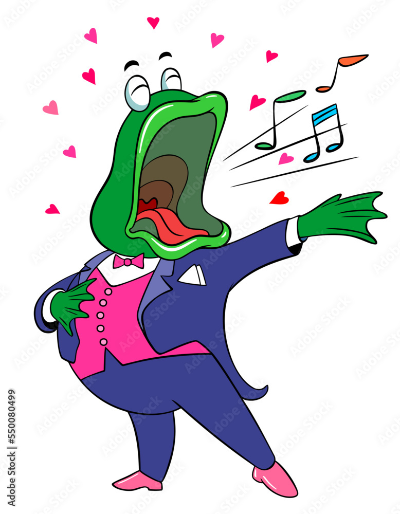 Vector color drawing of a funny frog. The frog in love sings an aria ...