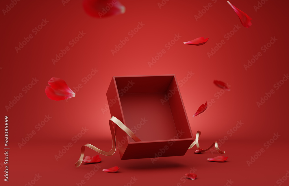 3D podium, display, background. Red, surprise, open gift box. Rose ...