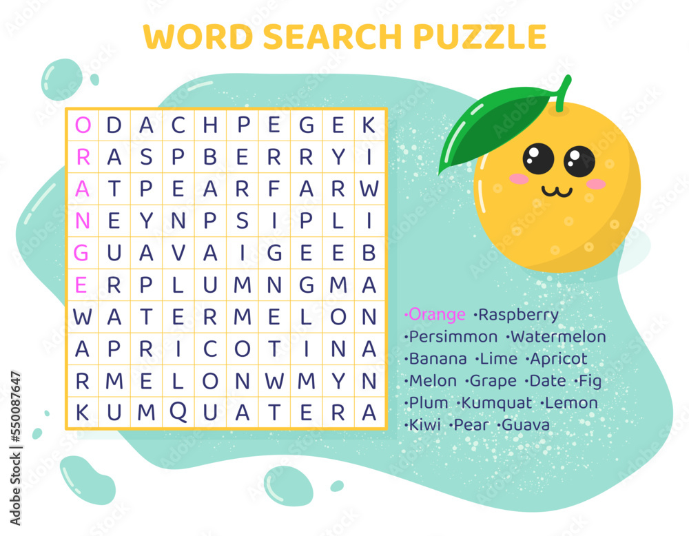 Word search puzzle with fruits and berries. Stock Vector | Adobe Stock