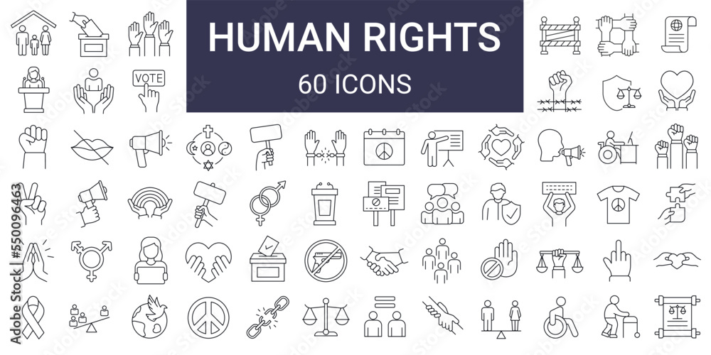 Set of 60 Human Rights line icon. democracy, equality of rights ...