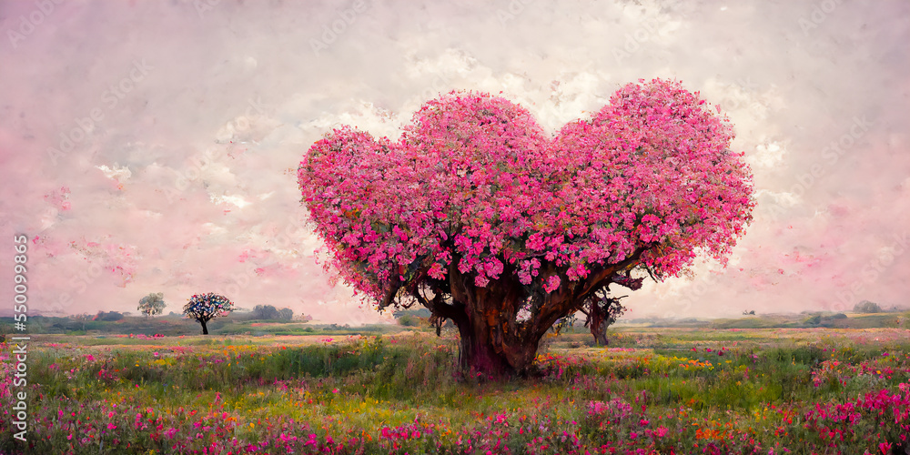 There is a romantic landscape with heart-shaped trees and pink coloring ...