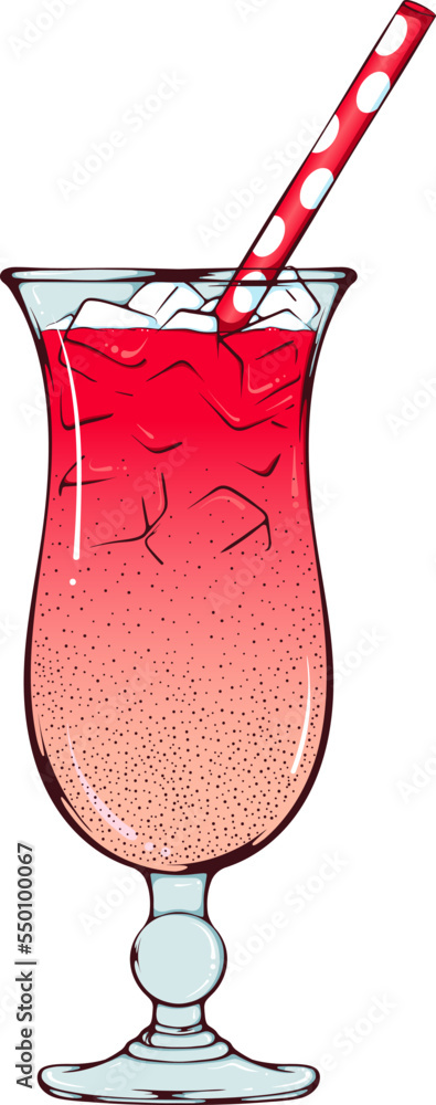Pink cocktail with ice and a straw. Vector color illustrations in hand ...