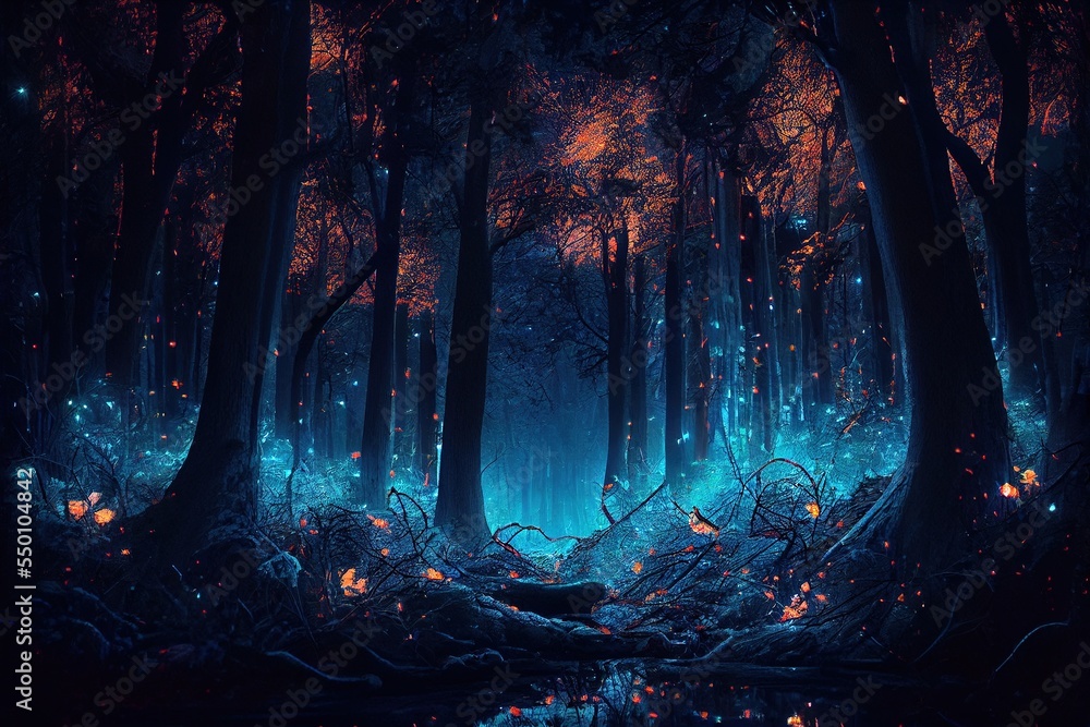 Mystical magical blue forest at night with glowing lights ilustración de Stock | Adobe Stock