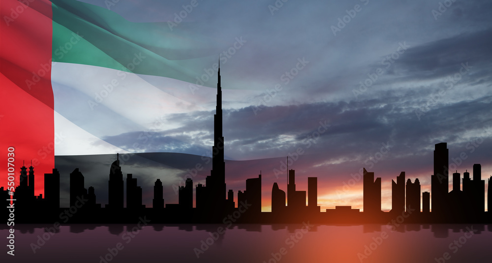 United Arab Emirates flag and Dubai skyline view at sunset. UAE ...