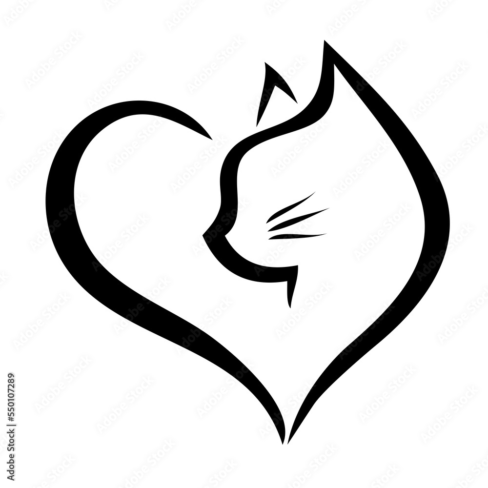 Cute black cat in a heart shape, illustration over a transparent ...