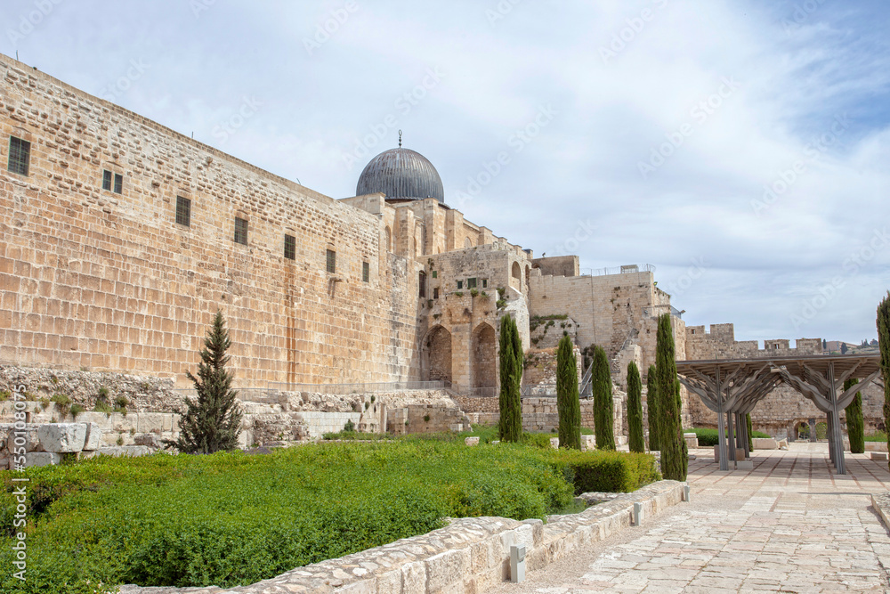Ancient temple walls making up the Temple Mount in Jerusalem. Fakhriyya ...