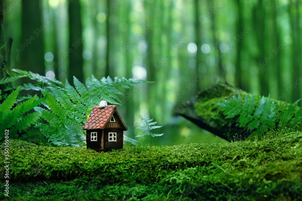 Toy house on moss, green natural abstract forest background. Symbol of ...