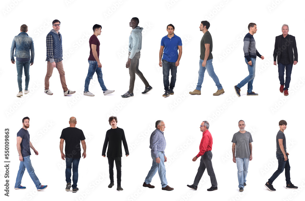 front,side and back view large group of man with jeans walking on white ...