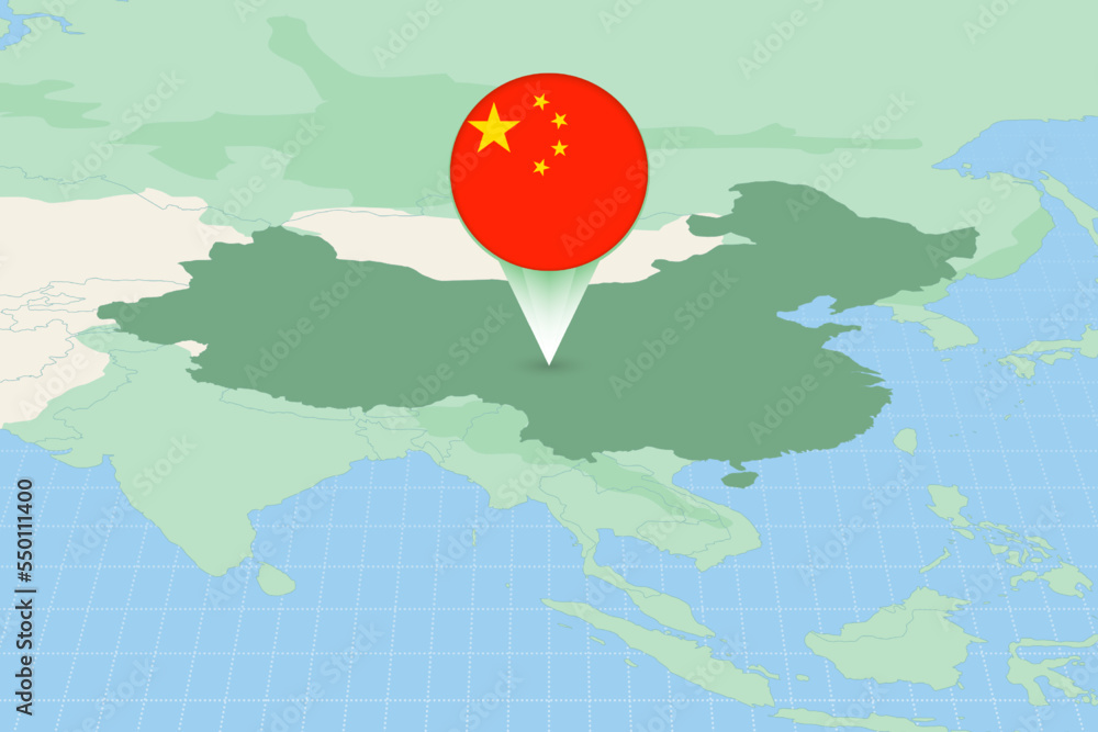 Map illustration of China with the flag. Cartographic illustration of ...