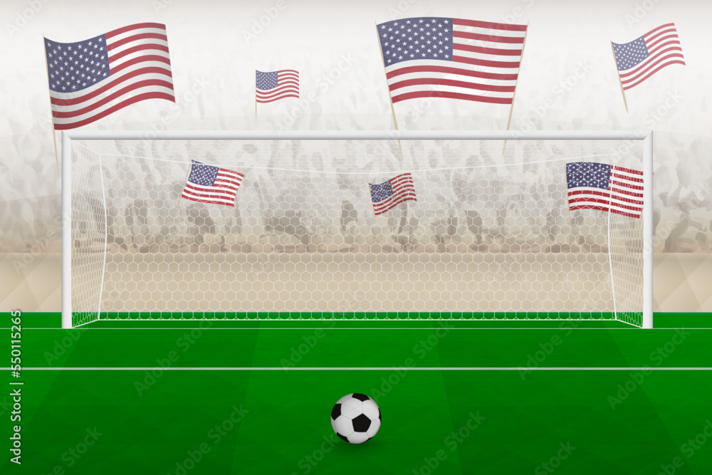 USA football team fans with flags of USA cheering on stadium, penalty ...