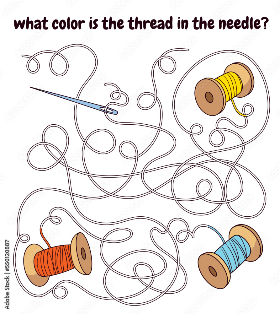 Unravel and color the children's maze. What color is the thread in the ...