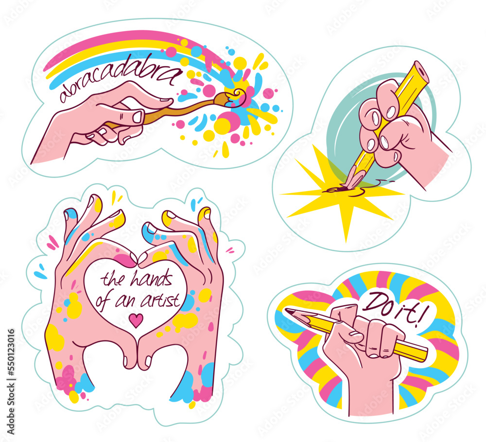 Artist Hands. Different hand gestures. Set of motivational stickers ...