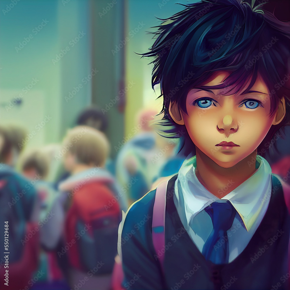 Portrait of a boy at school. Anime-style drawing. The boy looks into ...