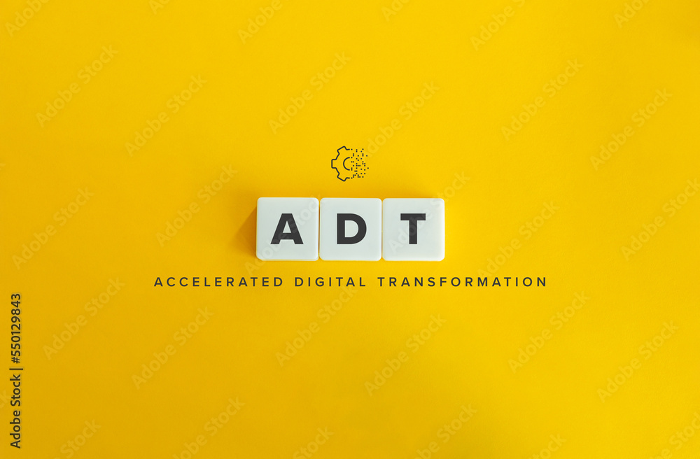 Accelerated Digital Transformation (ADT) Banner. Letter Tiles on Yellow ...