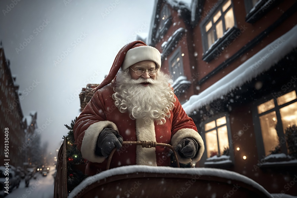 Santa Claus chases through the snowy city on his sleigh on Christmas ...