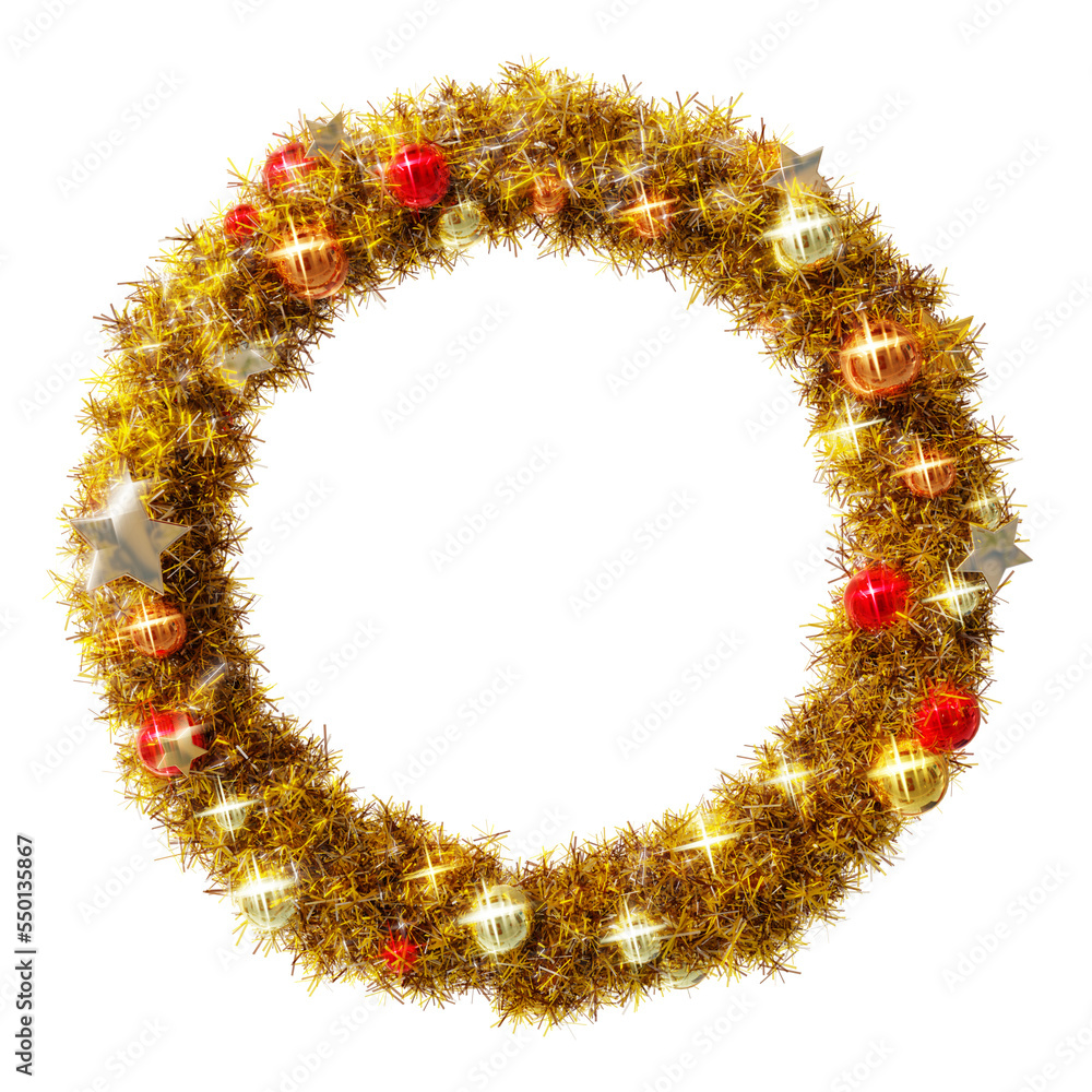 Beautiful christmas wreath of golden leaves in the shape of circle frame with shiny stars and ...