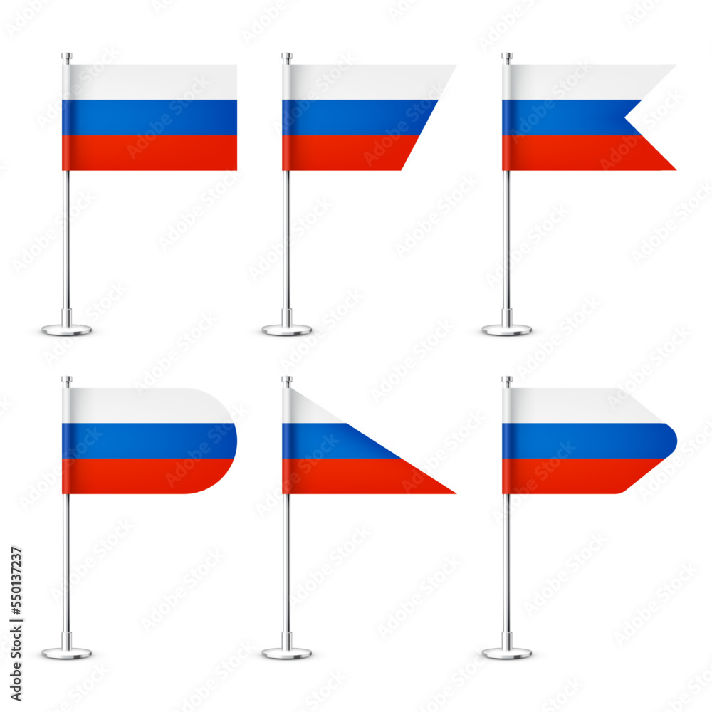 Realistic various Russian table flags on a chrome steel pole. Souvenir ...